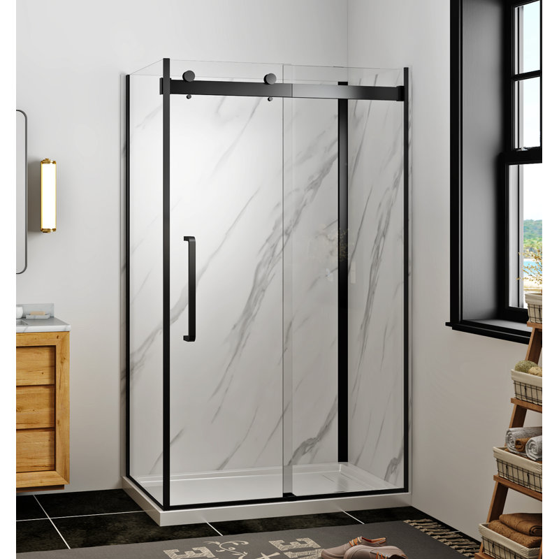 Dreamwerks Bristol 48" W x 32" D x 79.2" H Framed Rectangular Reversible Shower Kit in Black ...